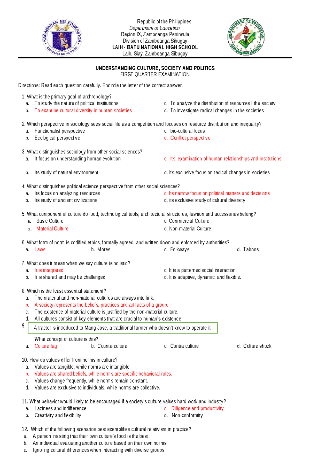 Ucsp exam - Summary Bachelor of Secondary Education - Republic of the ...