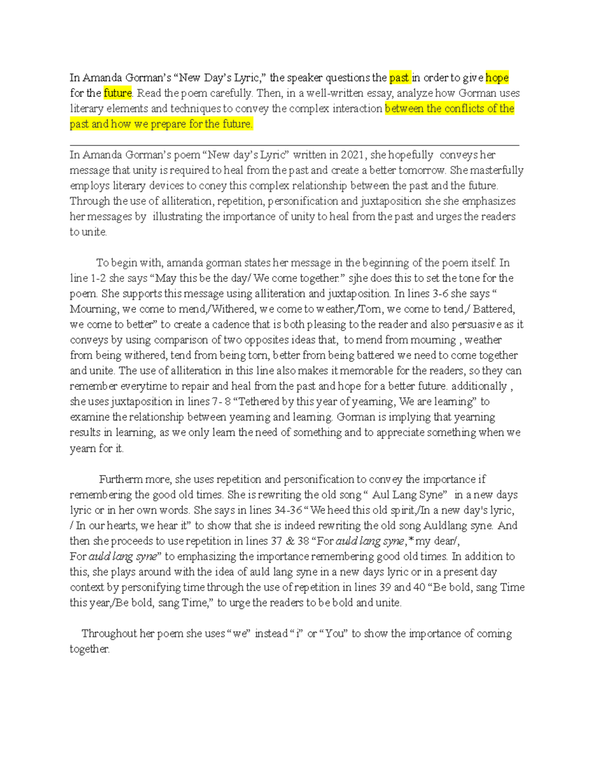 Amanda Gorman’s “New Day’s Lyric FRQ - In Amanda Gorman’s “New Day’s ...