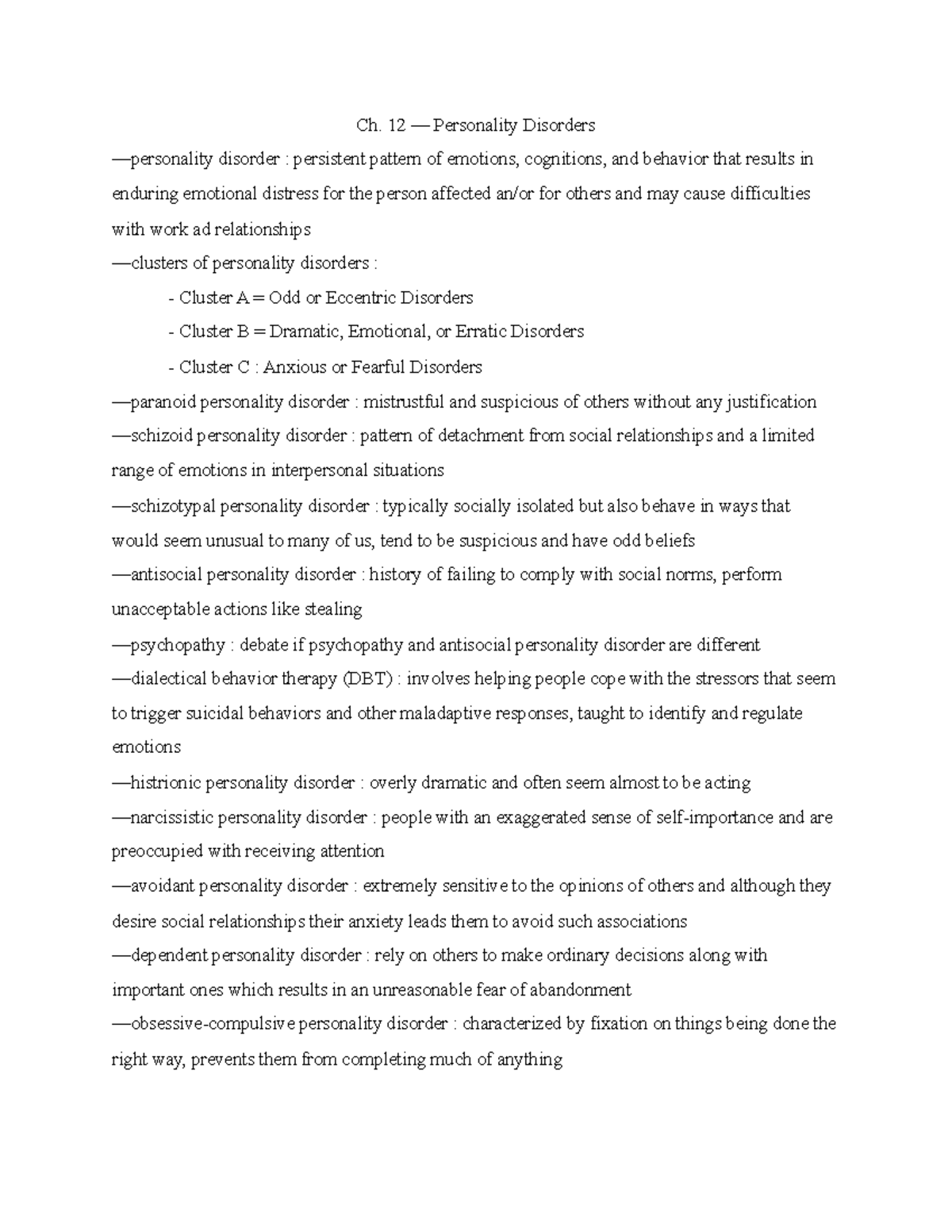 Ch. 12 Notes - Ch. 12 — Personality Disorders —personality disorder ...