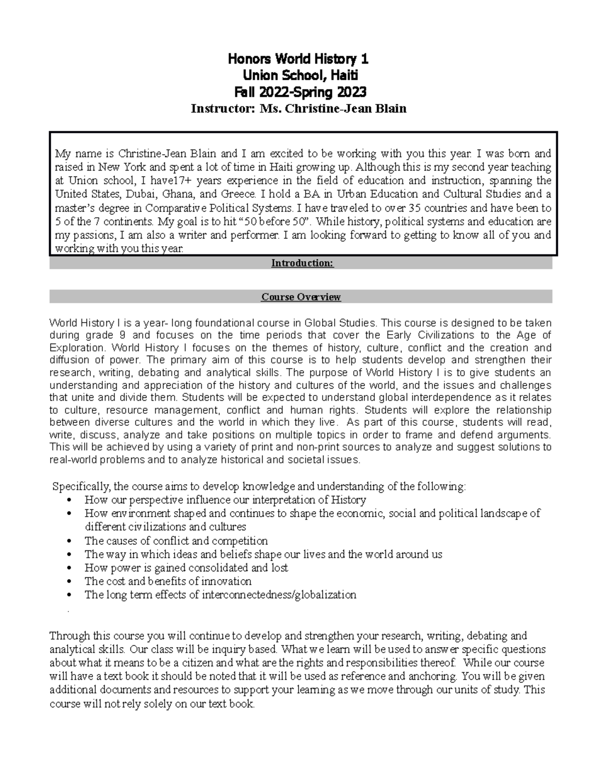 Honors+World+History+I+Syllabus+2022-2023 - Honors World History 1 ...