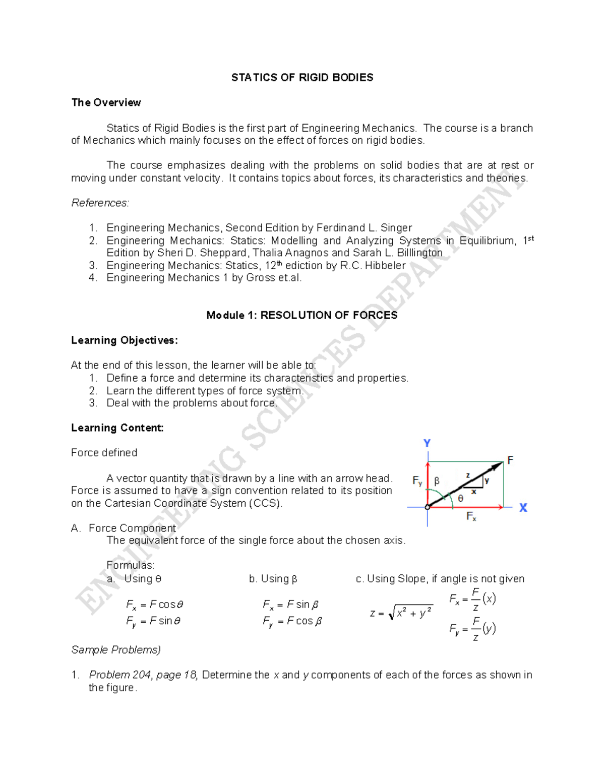 Statics in Mechanics - STATICS OF RIGID BODIES The Overview Statics of ...