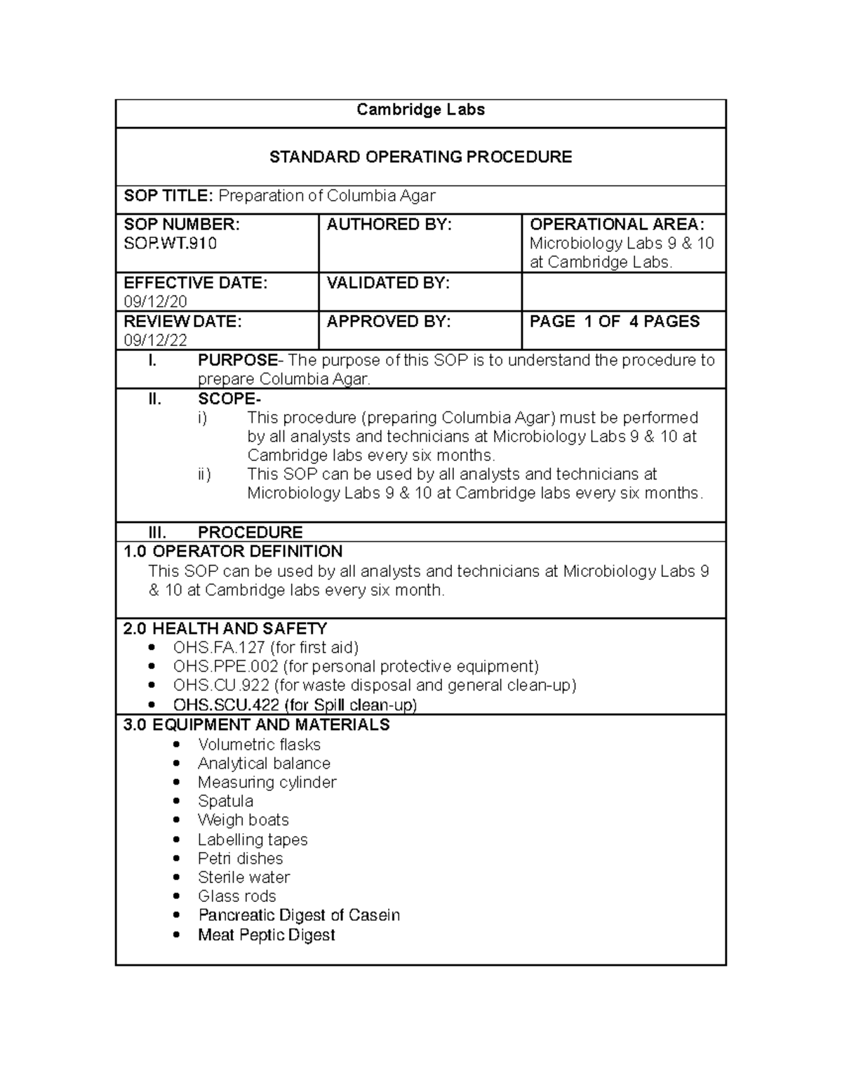 SOP Template for EXAM - Cambridge Labs STANDARD OPERATING PROCEDURE SOP ...