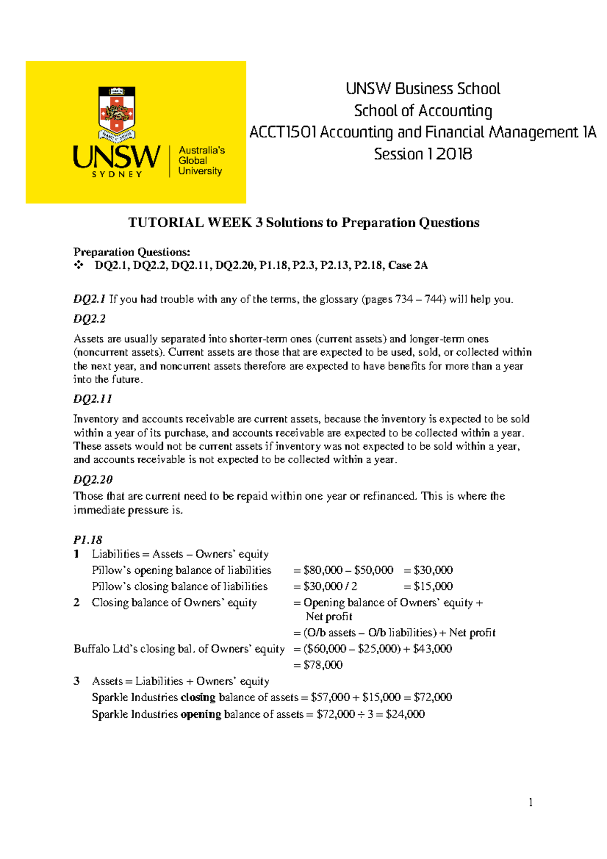 PQ Ans Wk3 2018 S1 - Accounting - 1 TUTORIAL WEEK 3 Solutions to ...