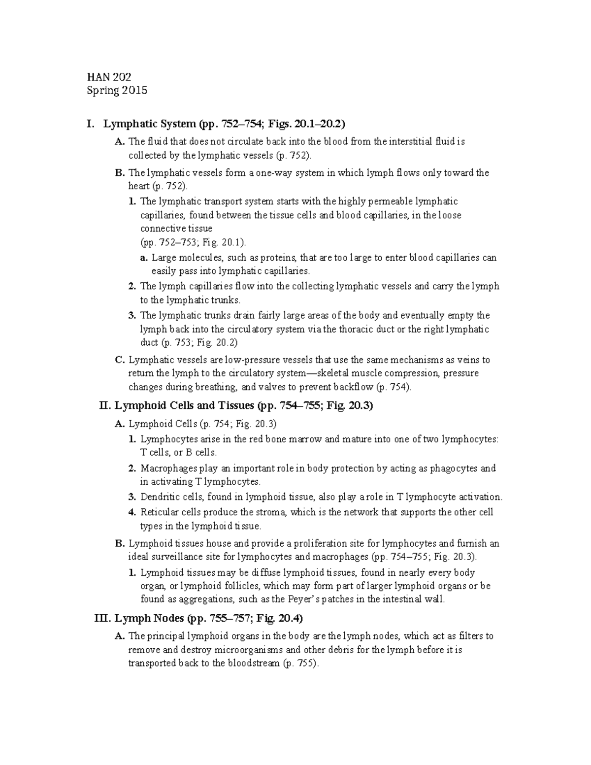 Ch 20 Lymph review - HAN 202 Spring 2015 I. Lymphatic System (pp. 752 ...