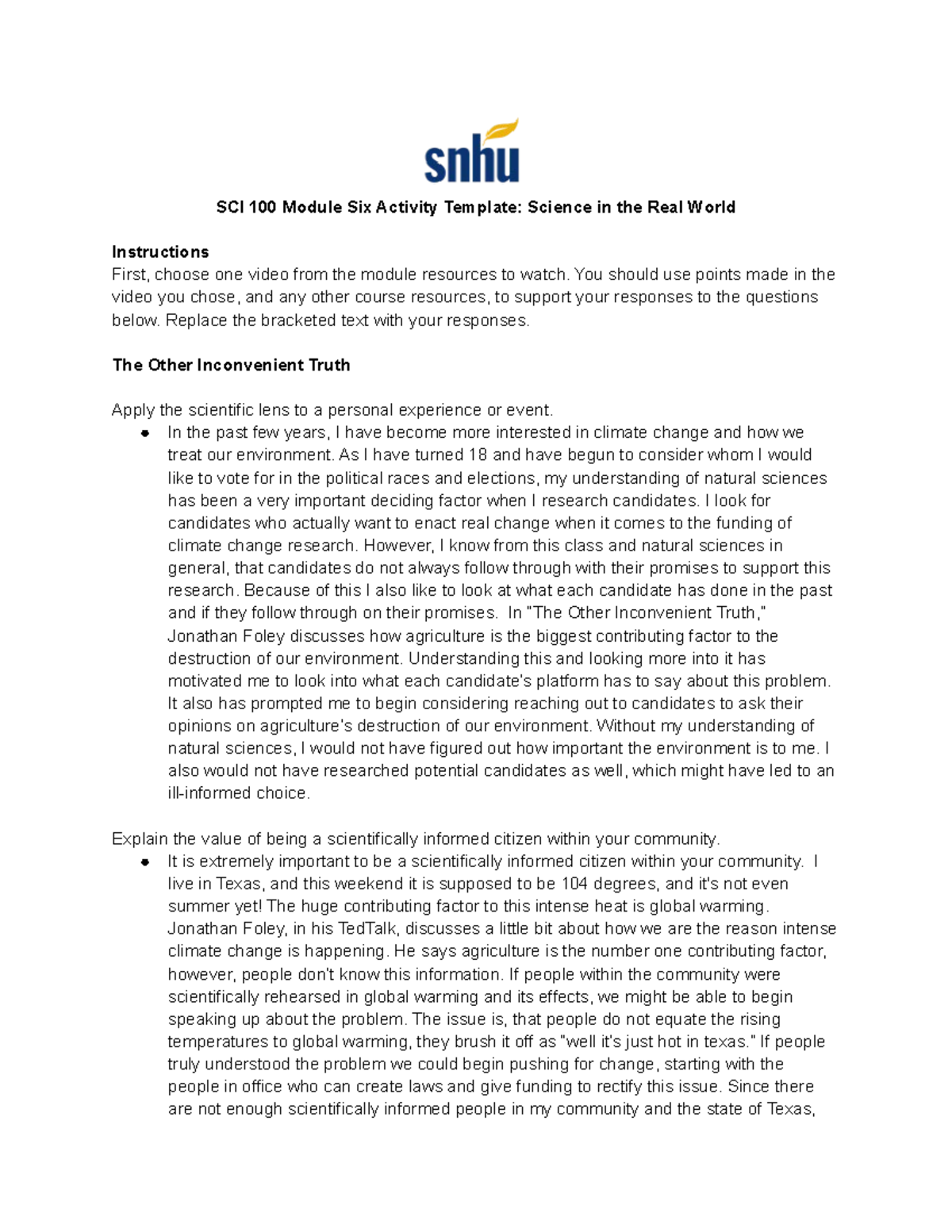 SCI 100 Module Six Activity Template Science in the Real World - You ...
