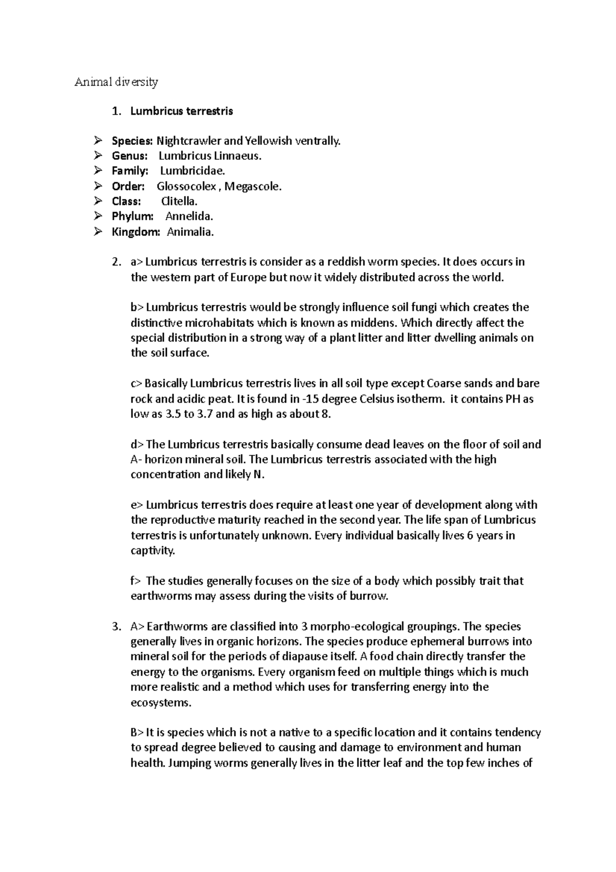 Lab 8( animal diversity) - Animal diversity Lumbricus terrestris ...