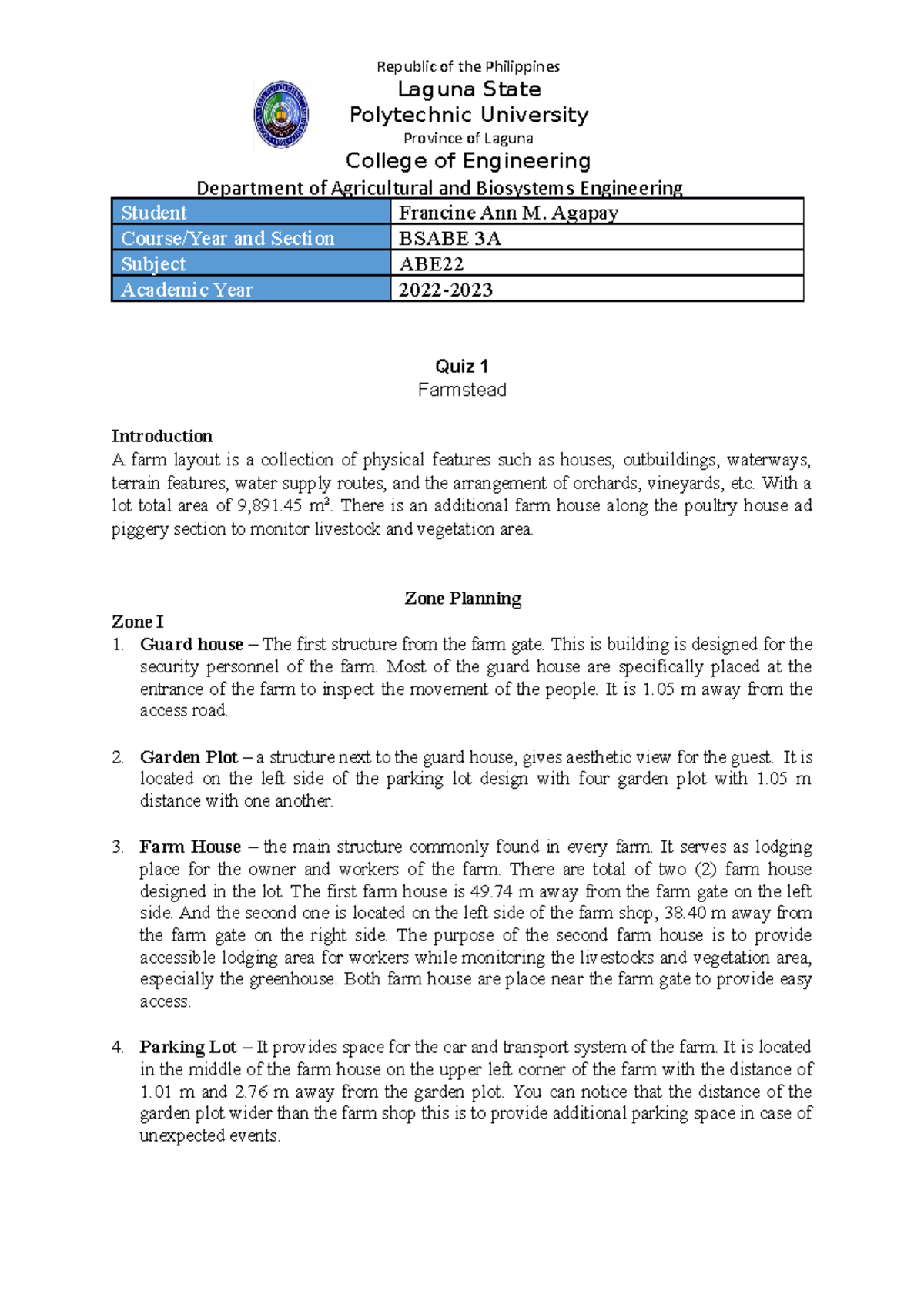 ABE2222222 - some sample problem - Student Francine Ann M. Agapay ...