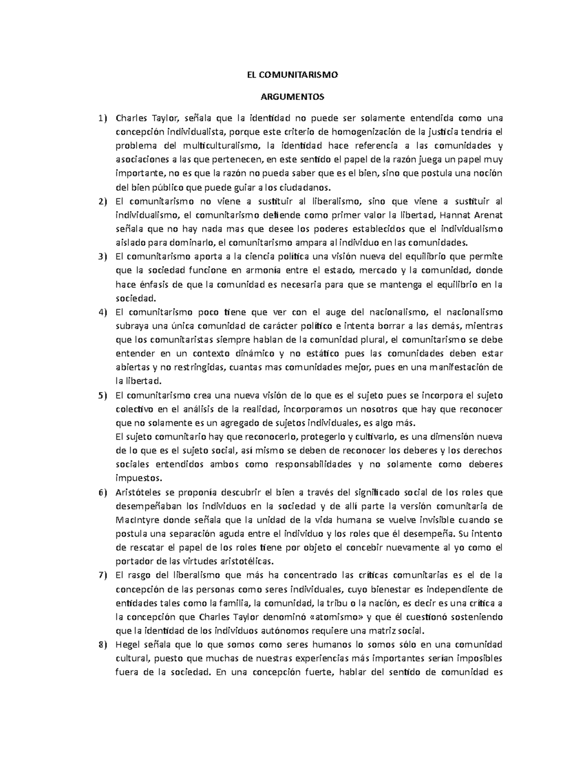 EL Comunitarismo - EL COMUNITARISMO ARGUMENTOS Charles Taylor, señala ...