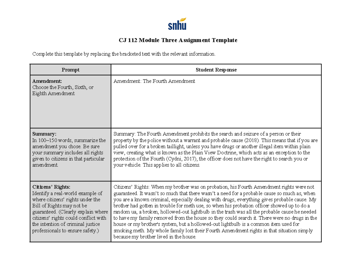 CJ 112 Module Three Assignment - Prompt Student Response Amendment: Choose the Fourth, Sixth, or ...