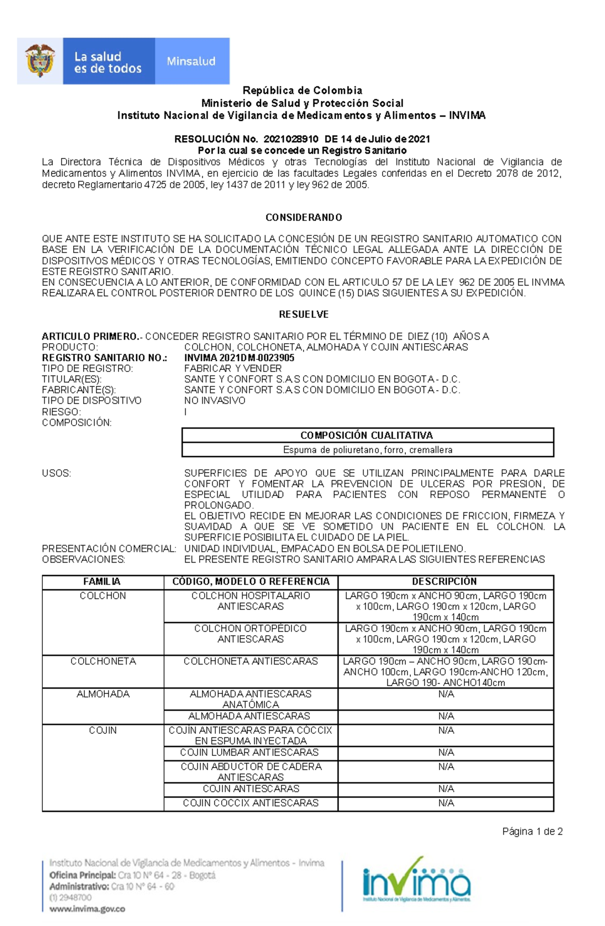 Resolucion Invima Sante Y Confort - República de Colombia Ministerio de ...