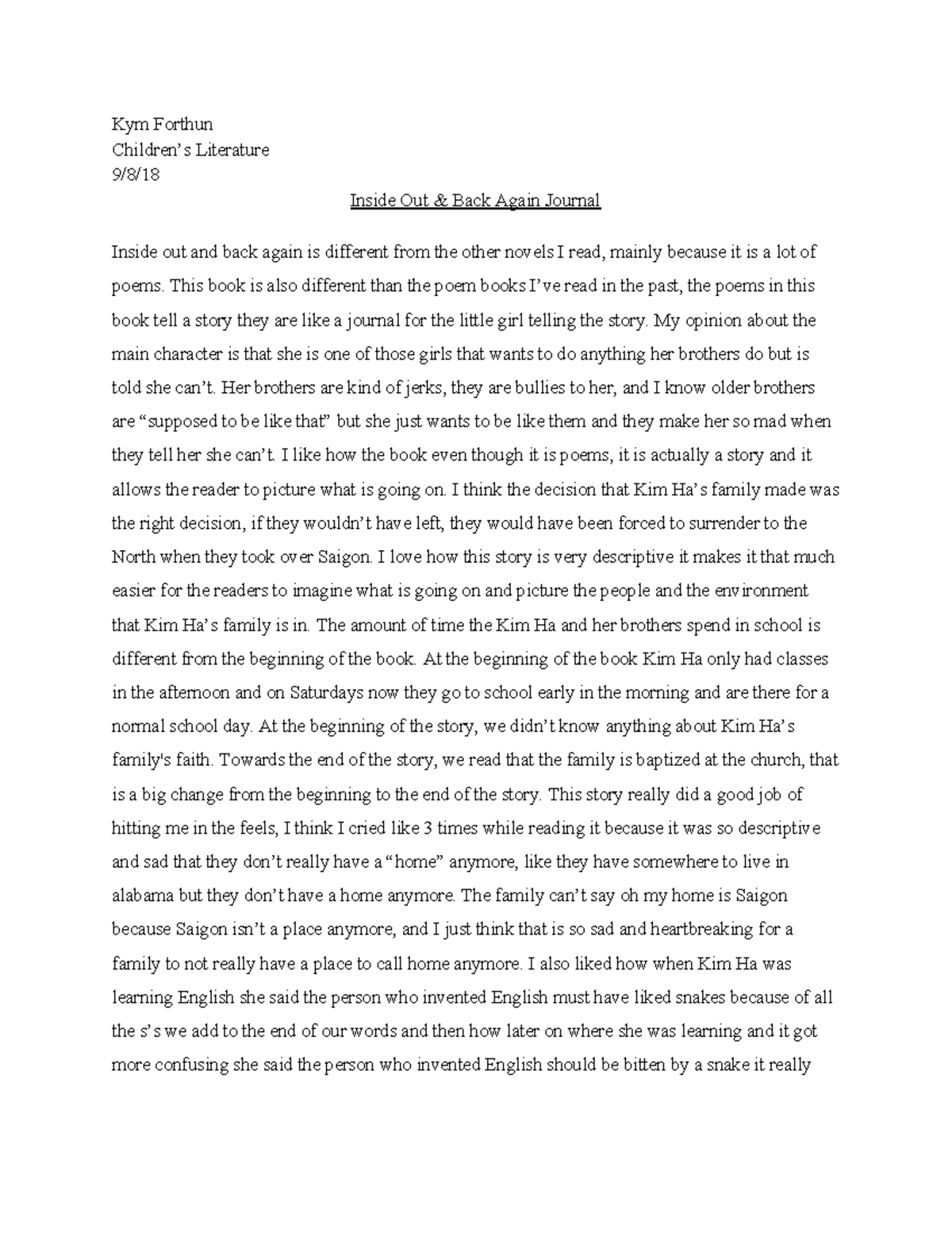 Inside Out & Back Again Response - Kym Forthun Children’s Literature 9 ...