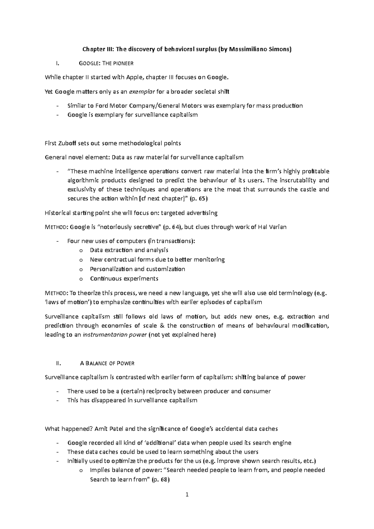 Zuboff Summary Chapter III - Chapter III: The discovery of behavioral ...