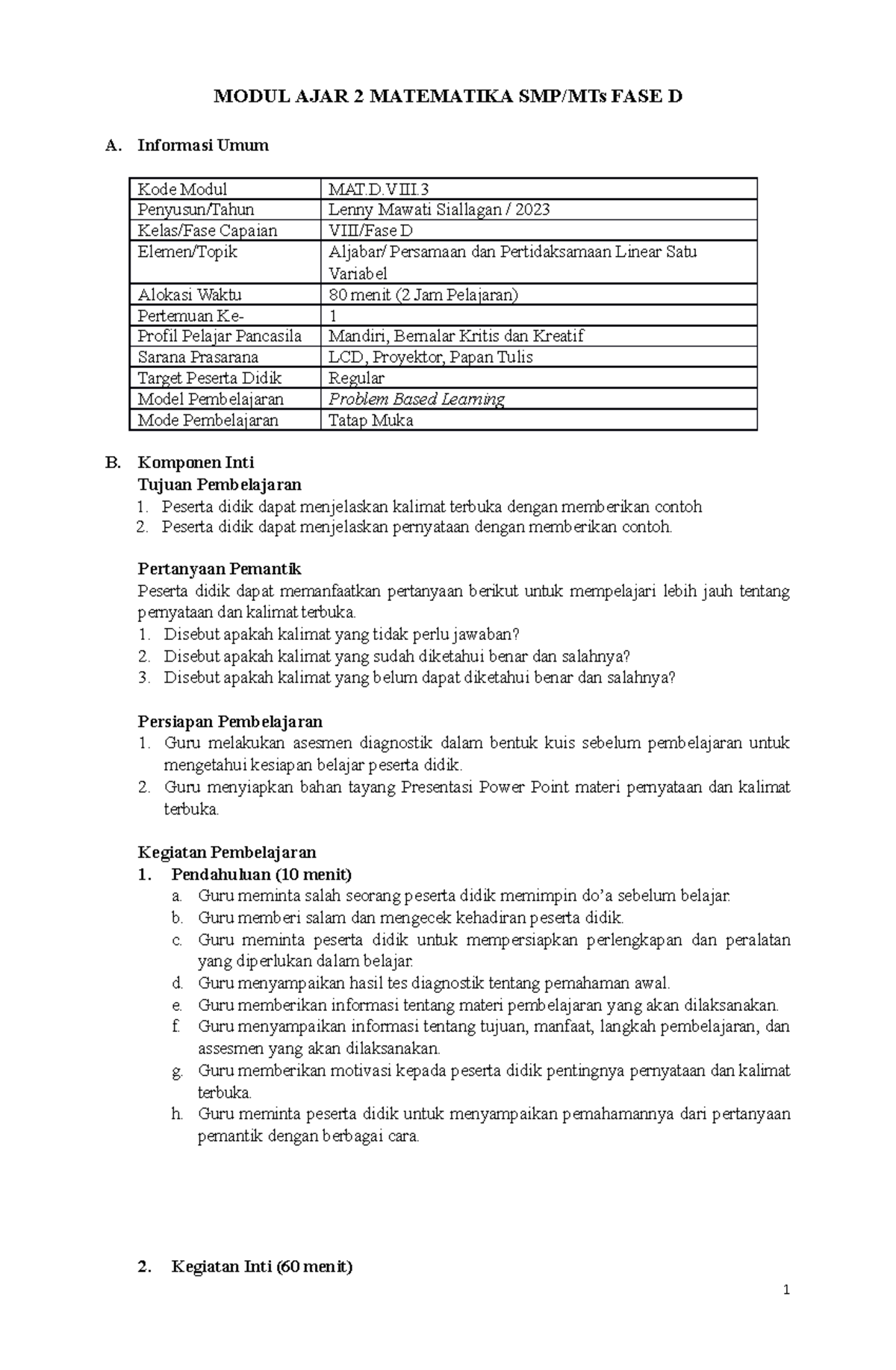 Modul AJAR Matematika SMP Kelas VIII BAB 3 - MODUL AJAR 2 MATEMATIKA SMP/MTs FASE D A. Informasi ...