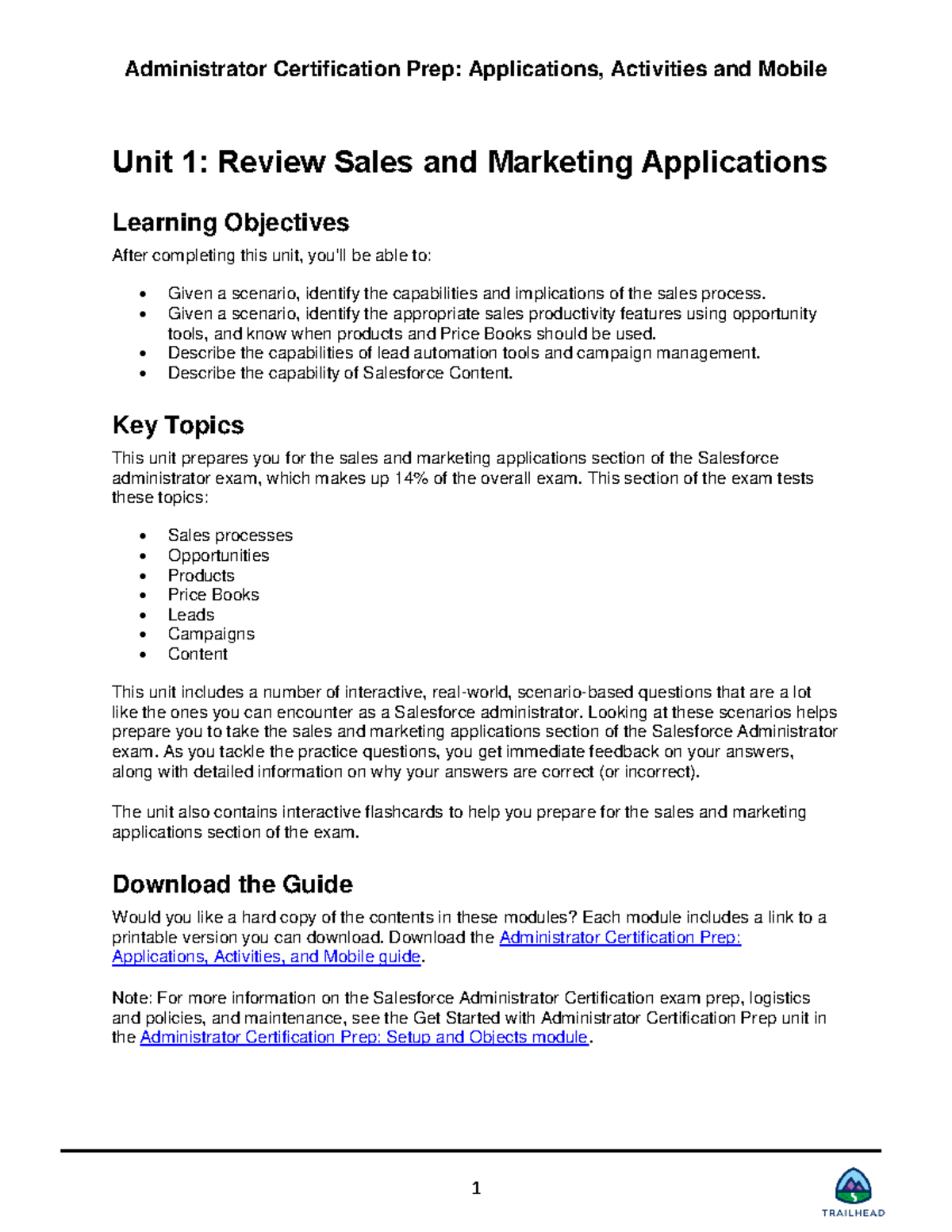 Admin Cert Prep Part 3 Printable - Unit 1: Review Sales and Marketing Applications Learning ...