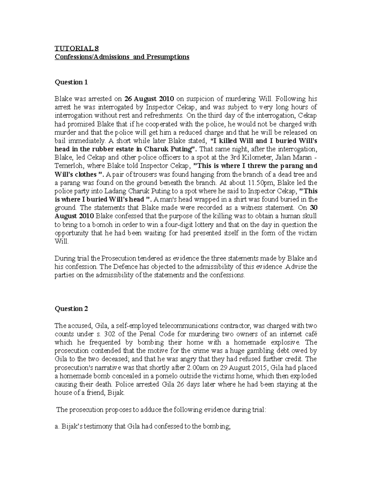 Tutorial 8 - Law of Evidence - TUTORIAL 8 Confessions/Admissions and ...