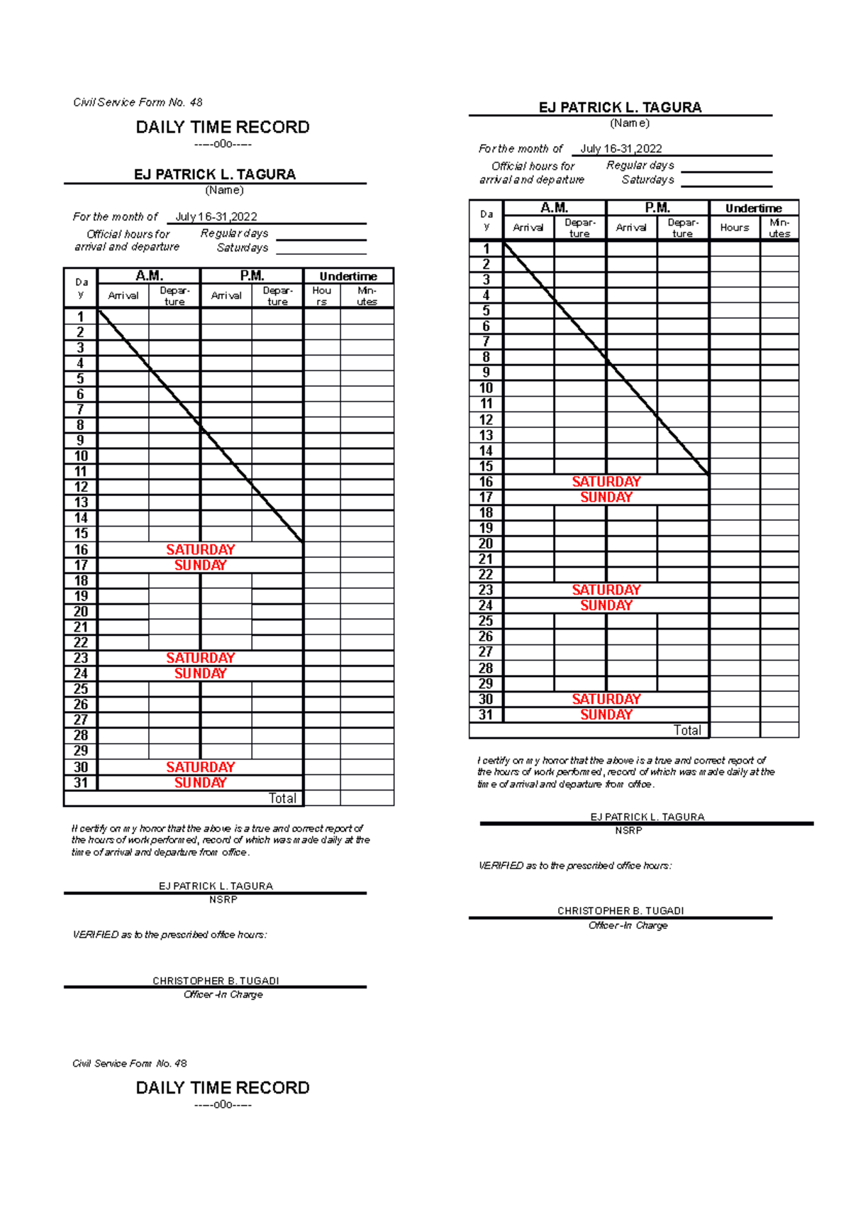 DTR - SEE YAH!!! - Civil Service Form No. 48 DAILY TIME RECORD -o0o- EJ ...