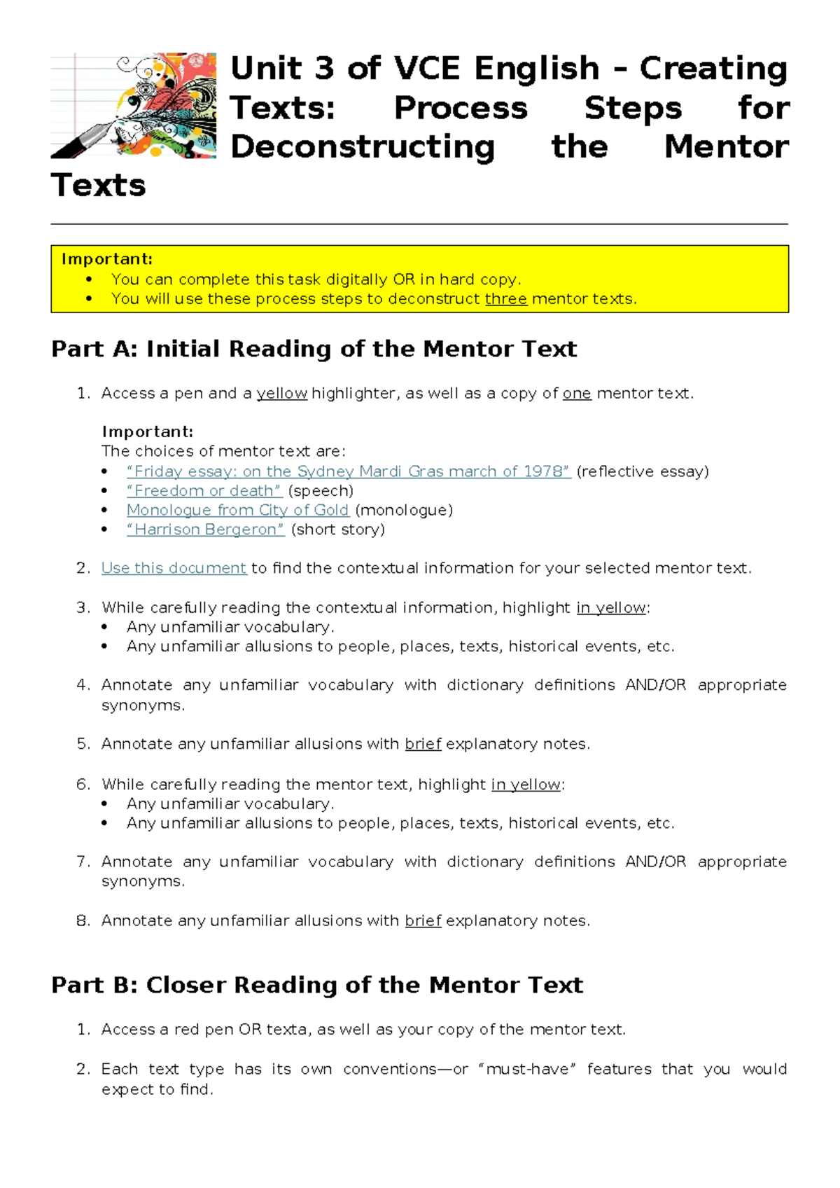 Process for Deconstructing a Mentor Text - Unit 3 of VCE English ...