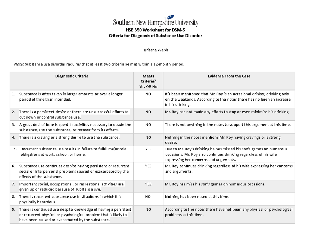 Hse350 dsm5 worksheet - arrive at a diagnosis, including the correct ...