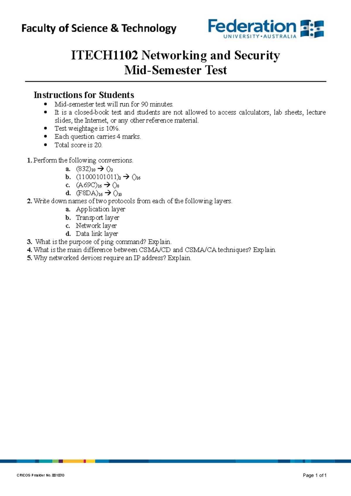 Mid-Semester Test 01 - this is abut content. - Faculty of Science ...