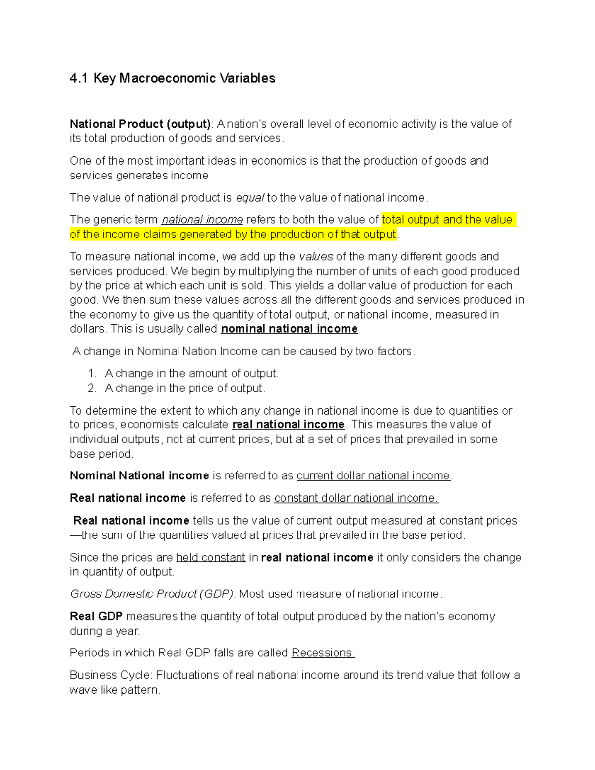 Econ 203 ch 4 notes - 4 Key Macroeconomic Variables National Product ...