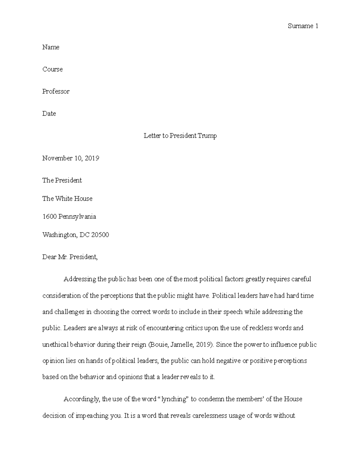 Letter to President Trump - Surname 1 Name Course Professor Date Letter ...