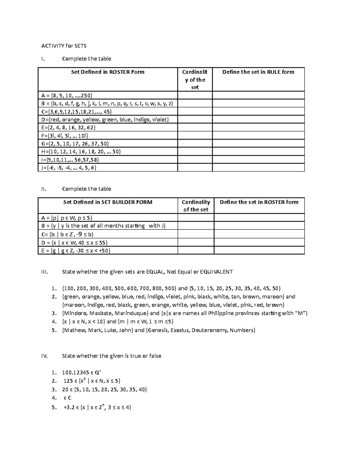 Activity for SETS - ACTIVITY for SETS I. Complete the table Set Defined ...