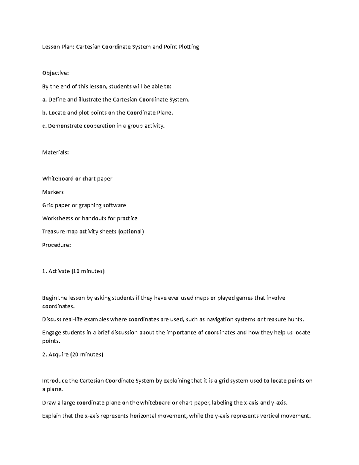 Lesson Plan - Define and illustrate the Cartesian Coordinate System. b ...