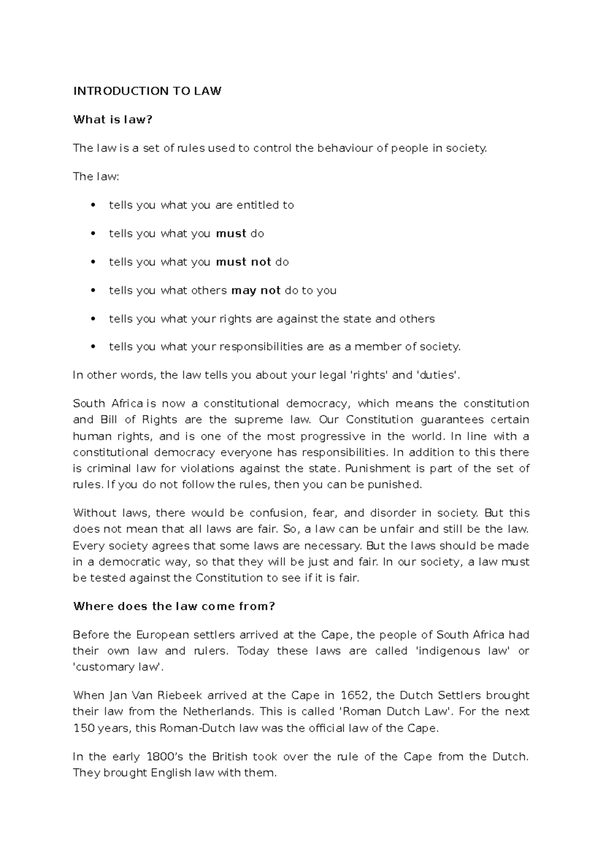 Introduction TO LAW - INTRODUCTION TO LAW What is law? The law is a set ...