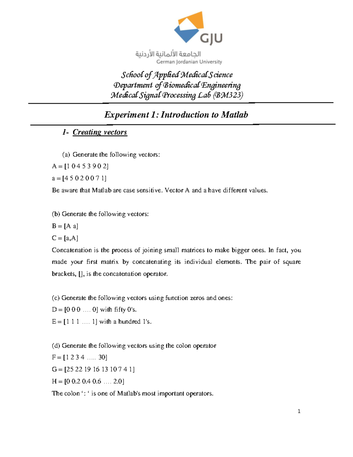 Lab 1-Introduction to Matlab - School of Applied Medical Science ...