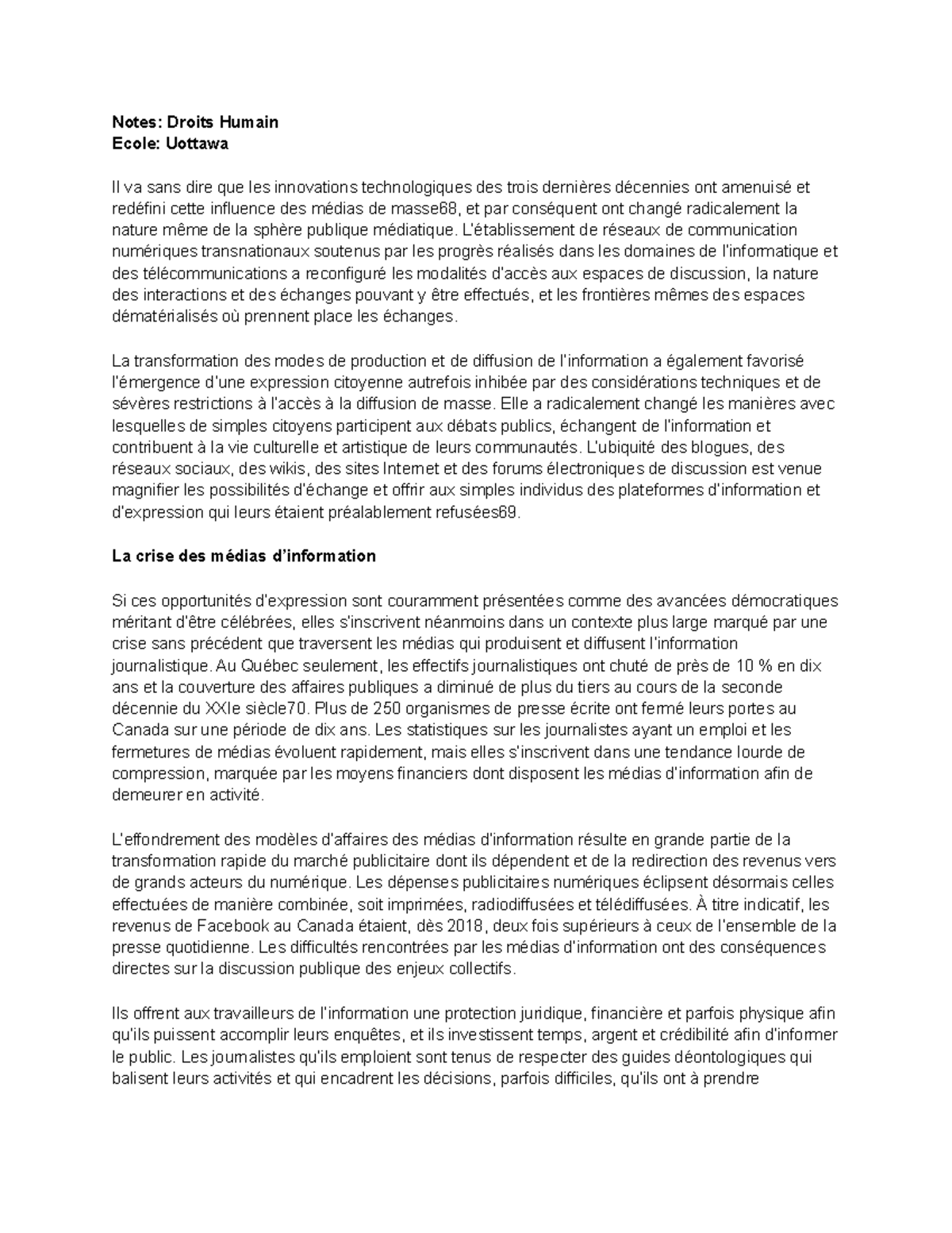 Droits humain 19 - Notes - Notes: Droits Humain Ecole: Uottawa Il va ...