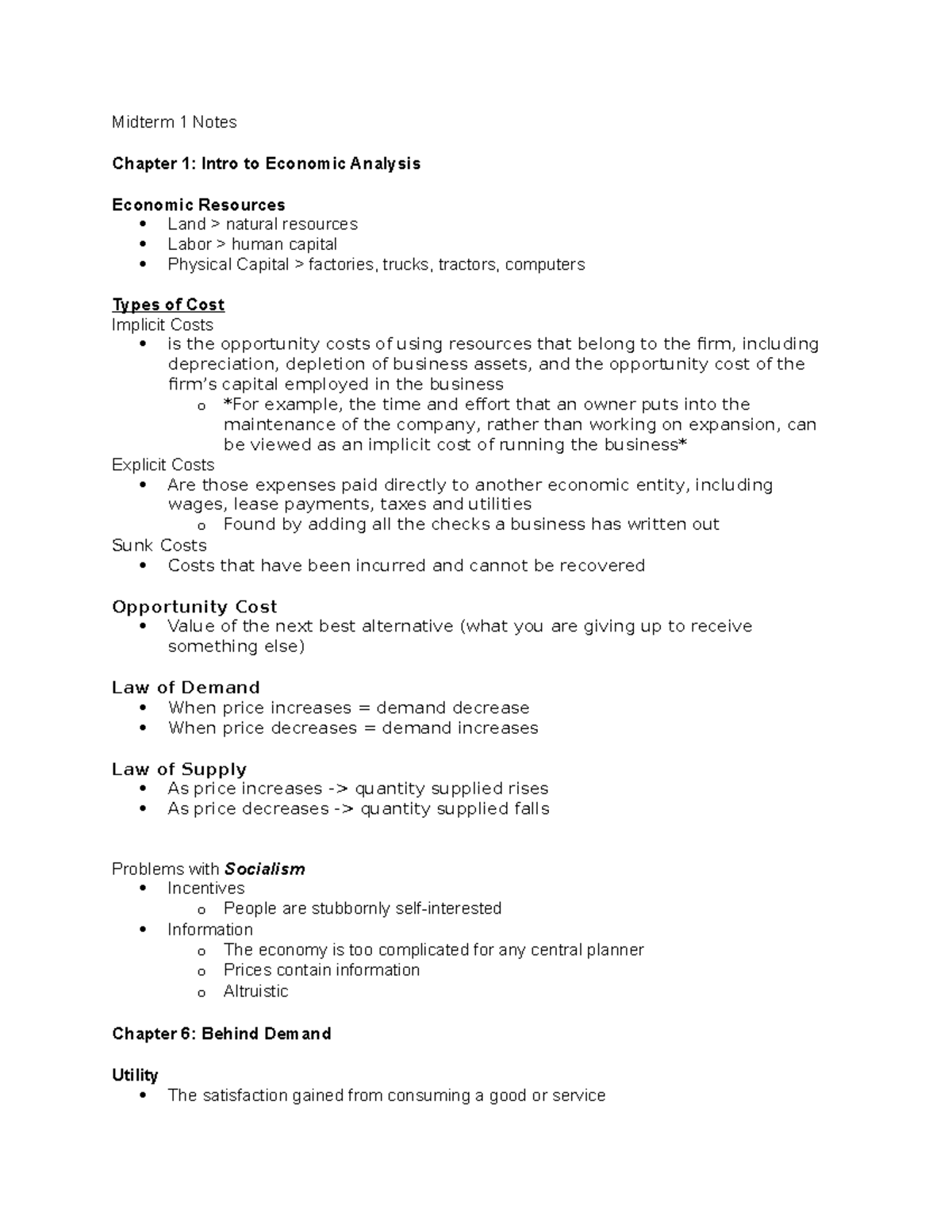 Midterm 1 Notes Midterm 1 Notes Chapter 1 Intro To Economic Analysis Economic Resources Land