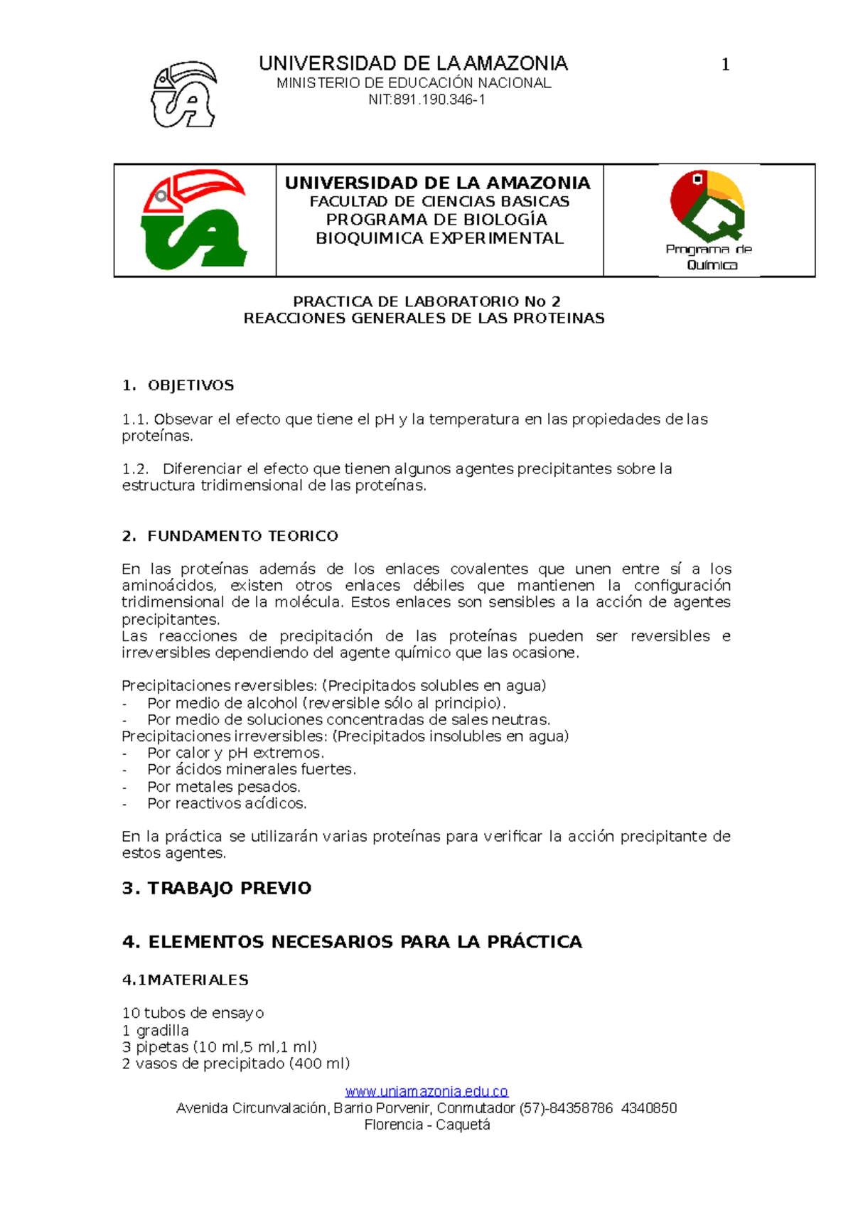 Práctica 2. Proteinas - MINISTERIO DE EDUCACIÓN NACIONAL NIT:891.190- UNIVERSIDAD DE LA AMAZONIA ...