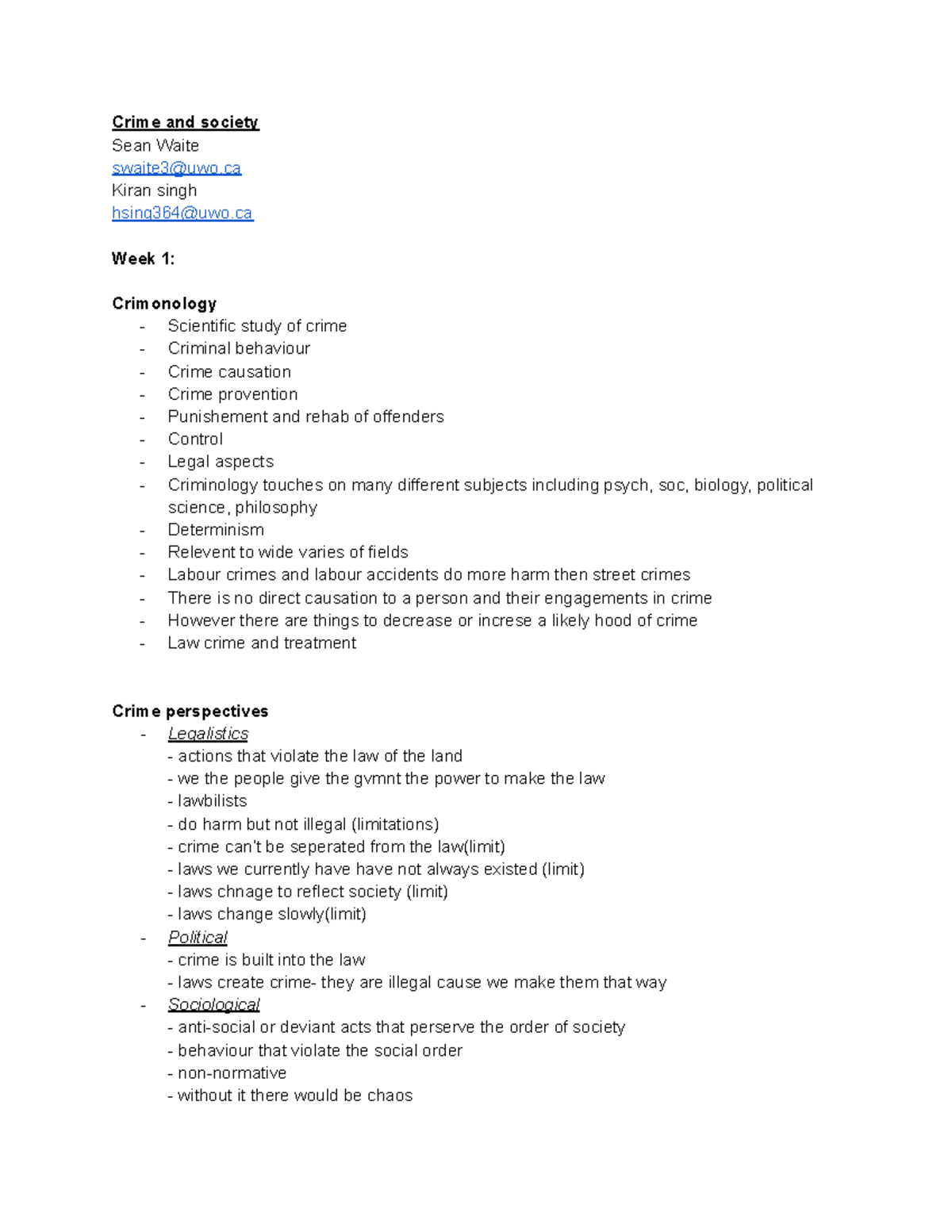 Crime and society - Crime and society Sean Waite swaite3@uwo Kiran ...