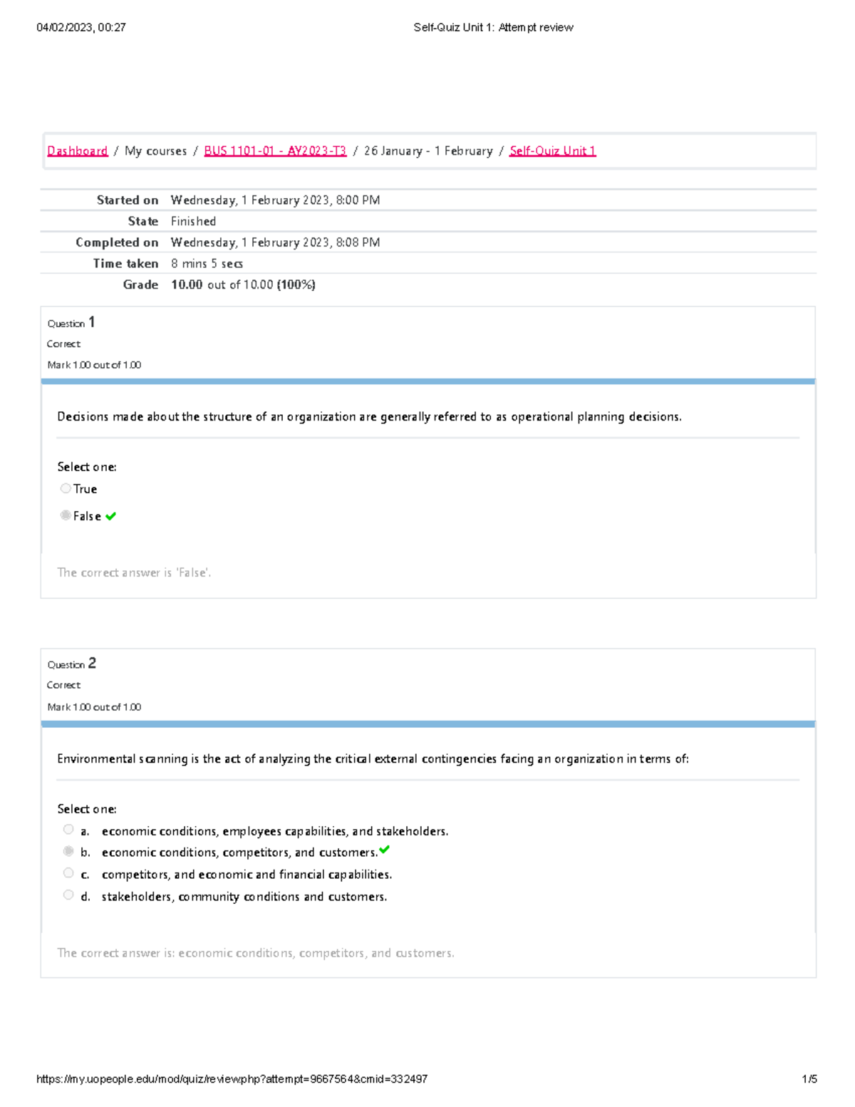 Self Quiz Unit 1 Bus1101 Self Quiz Unit 1 Started On Wednesday 1 February 2023 8 00 Pm