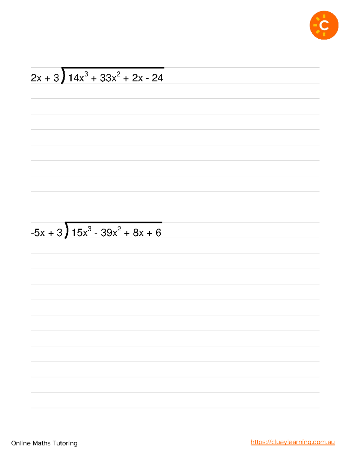 Year 10 Algebra Maths Worksheet Divide Polynomials clueylearning - 12x ...