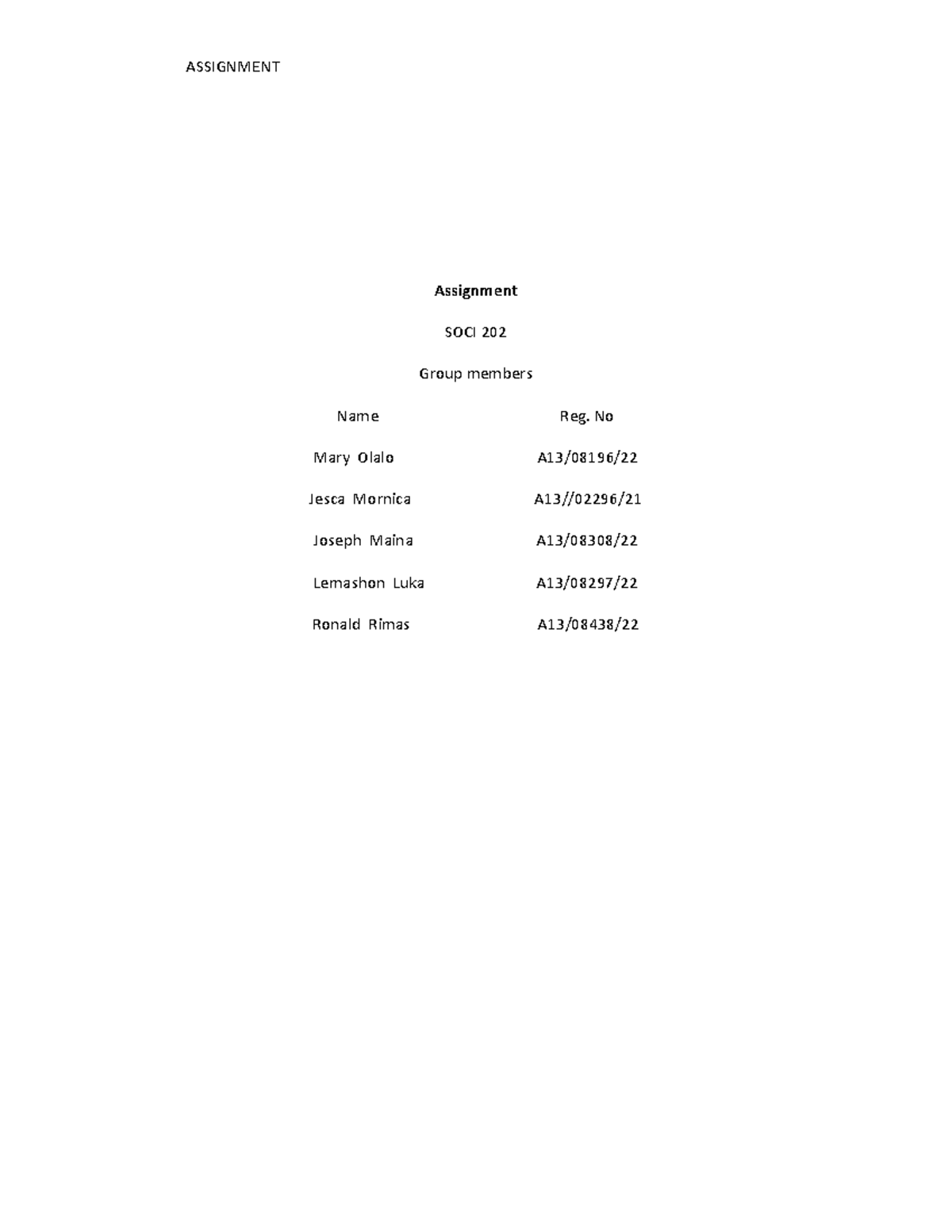Community d - good - ASSIGNMENT Assignment SOCI 202 Group members Name ...