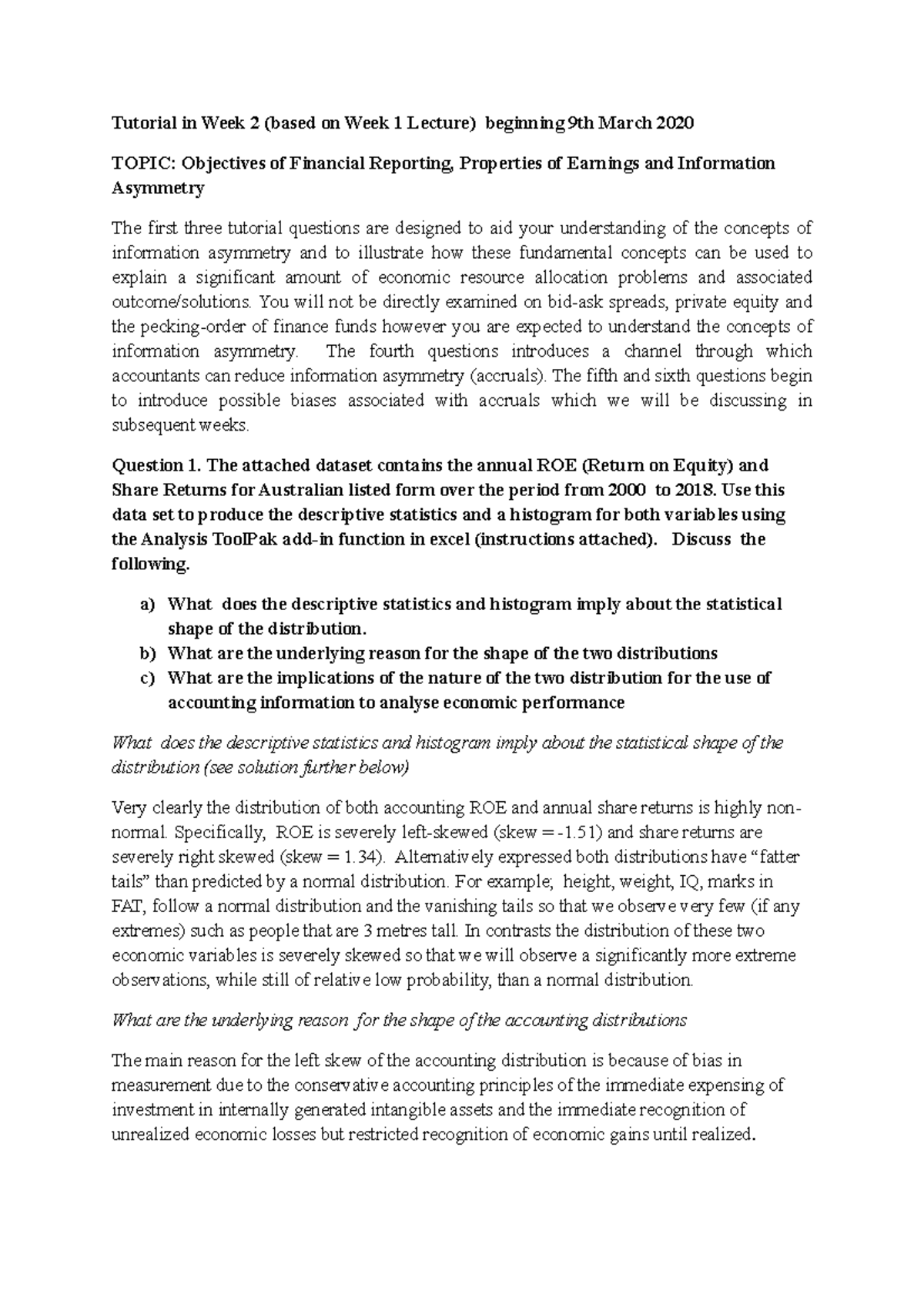 Tutorial One Solutions - Tutorial in Week 2 (based on Week 1 Lecture) beginning 9th March 2020 ...