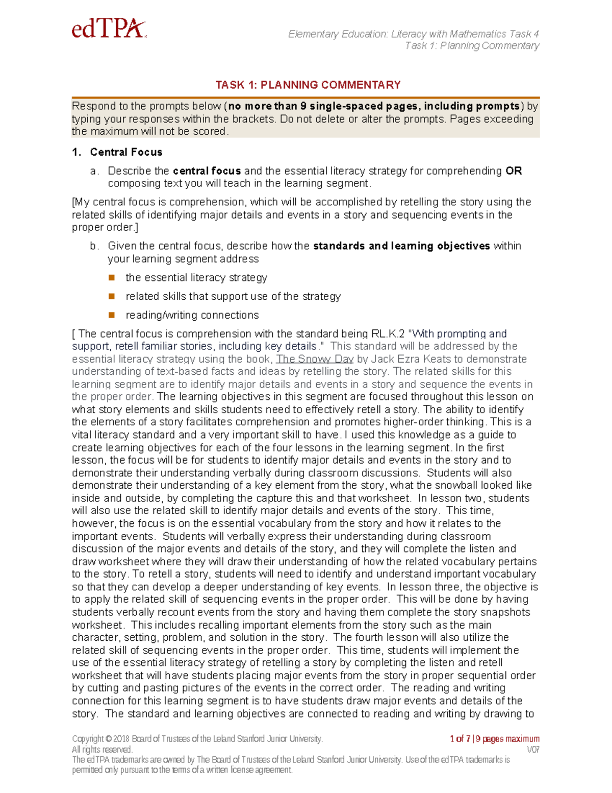 Ed TPA task 1 planning commentary final - Task 1: Planning Commentary ...