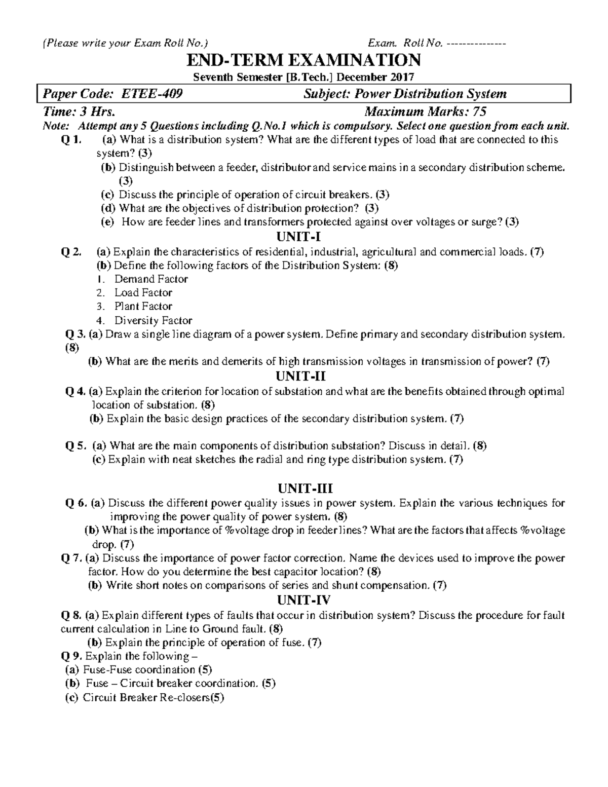 20 - PDS 2017 question paper - (Please write your Exam Roll No.) Exam ...