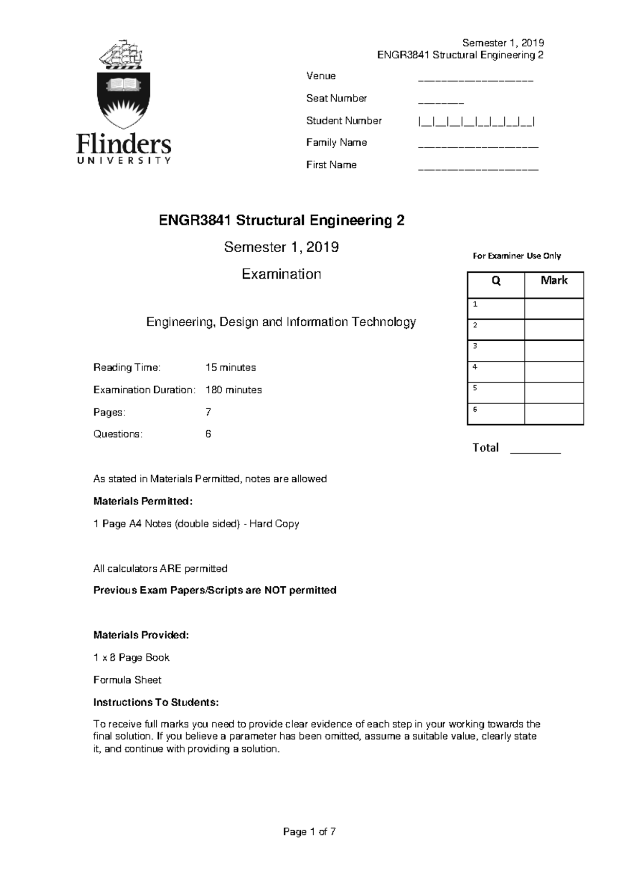 Past Exam Structural Engineering 2 - ENGR3841 Structural Engineering 2 ...