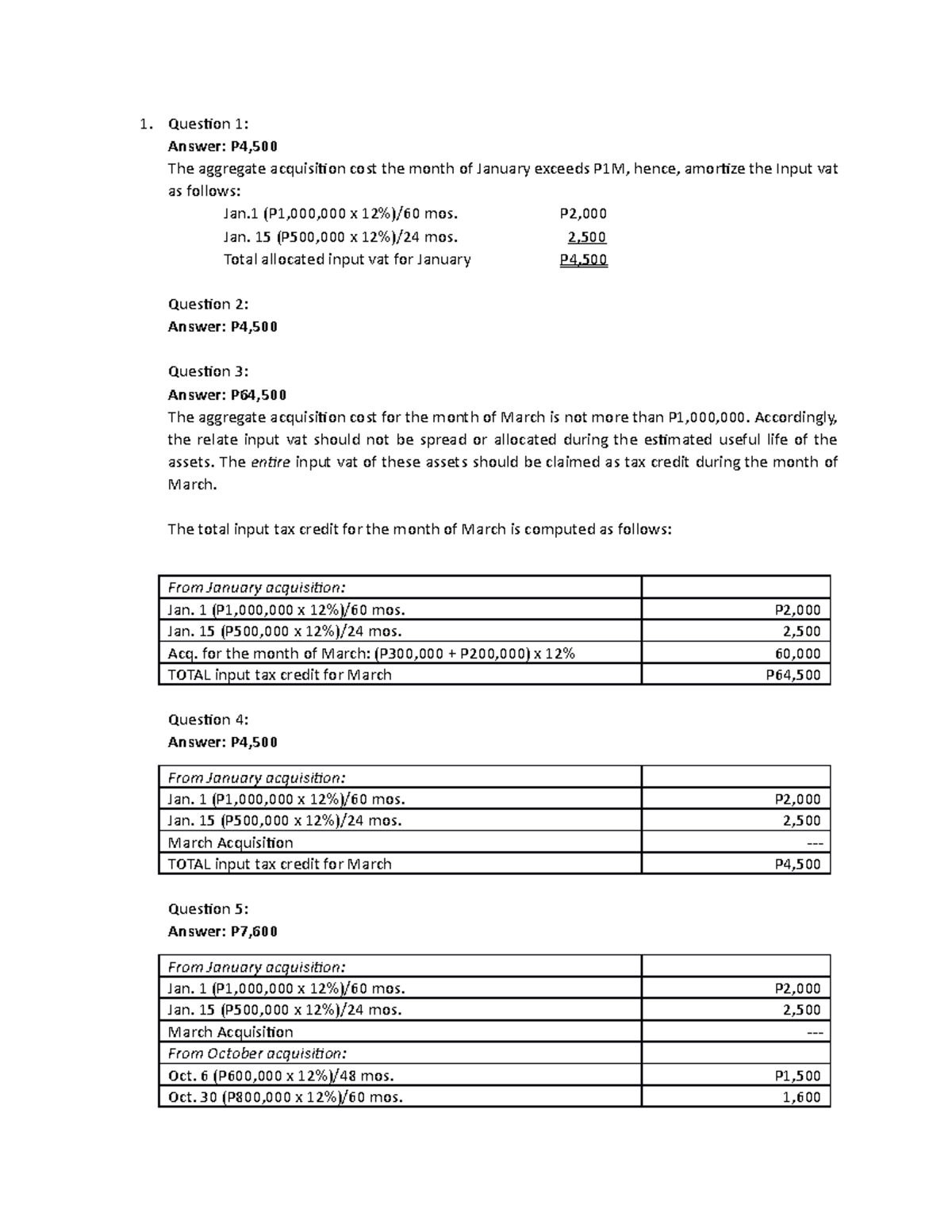 VAT-QUIZ Answers - Tax practice answer key - Question 1: Answer: P4 ...