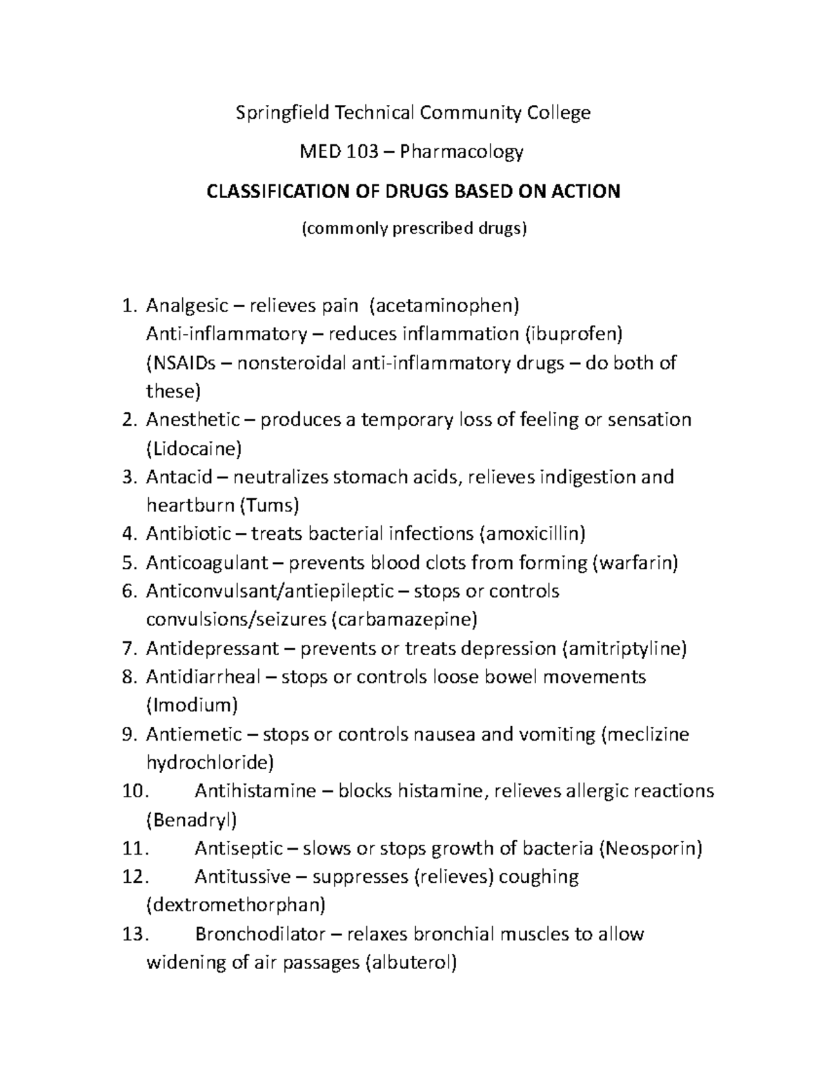MED 103 class of drugs by action - Springfield Technical Community ...