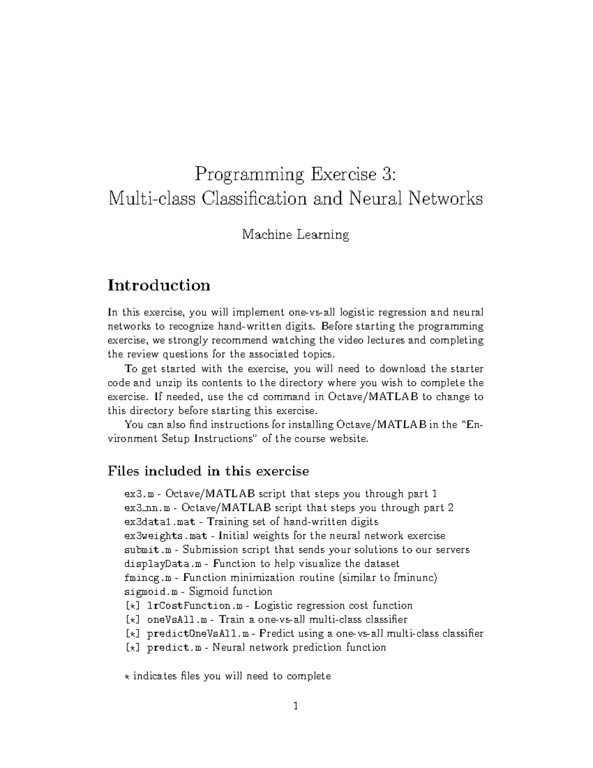 Ex3 Exercise Machine Learning Andrew Ng Programming Exercise 3 Multi Class Classification