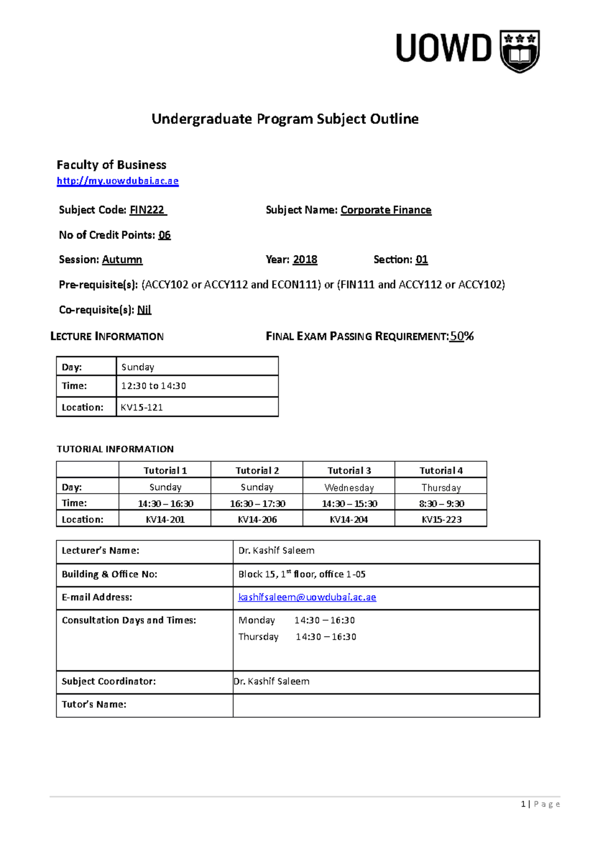FIN222 Autumn 2018 uowd subject outline - Undergraduate Program Subject ...