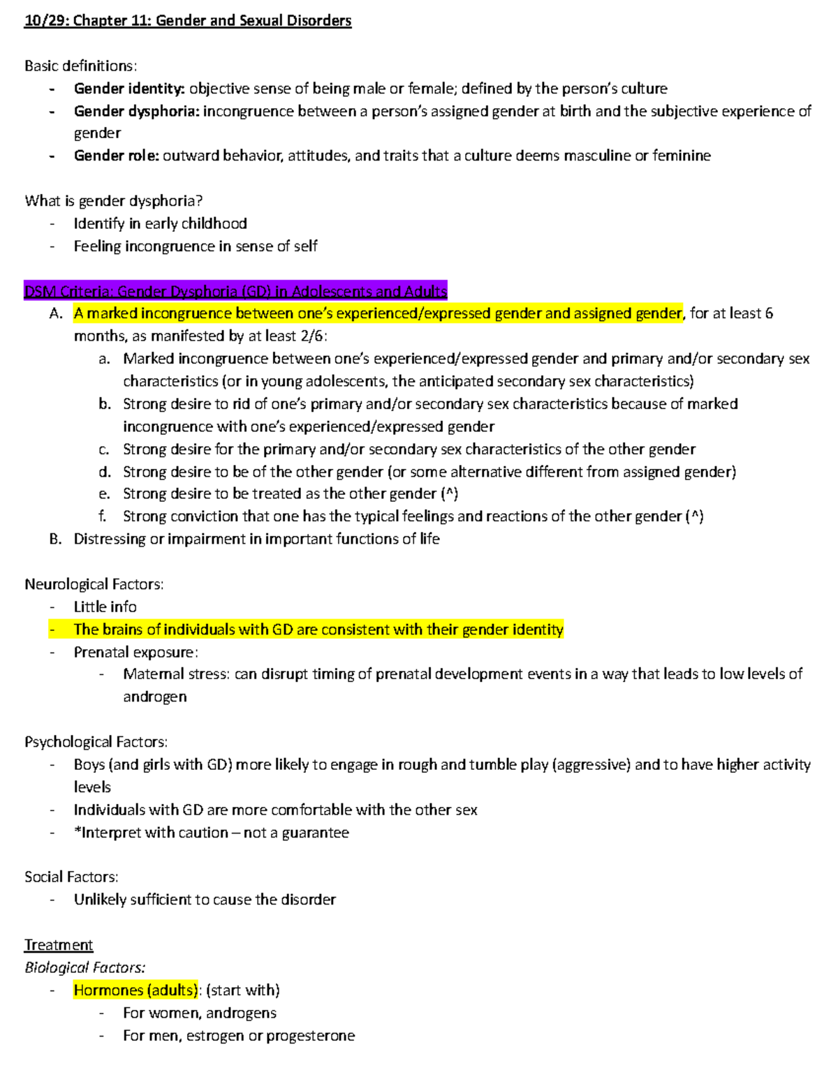 Abnormal Psych Unit 2 Notes (11-15) - 10/29: Chapter 11: Gender and ...