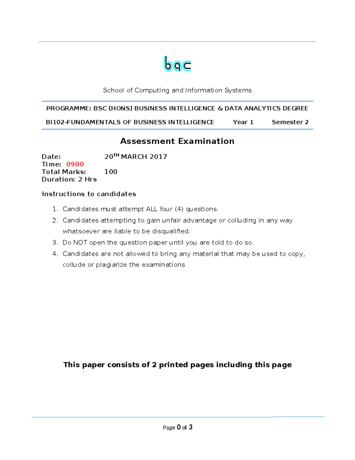 BI102 FBI Assessment EXAM 2017 Paper - School of Computing and ...