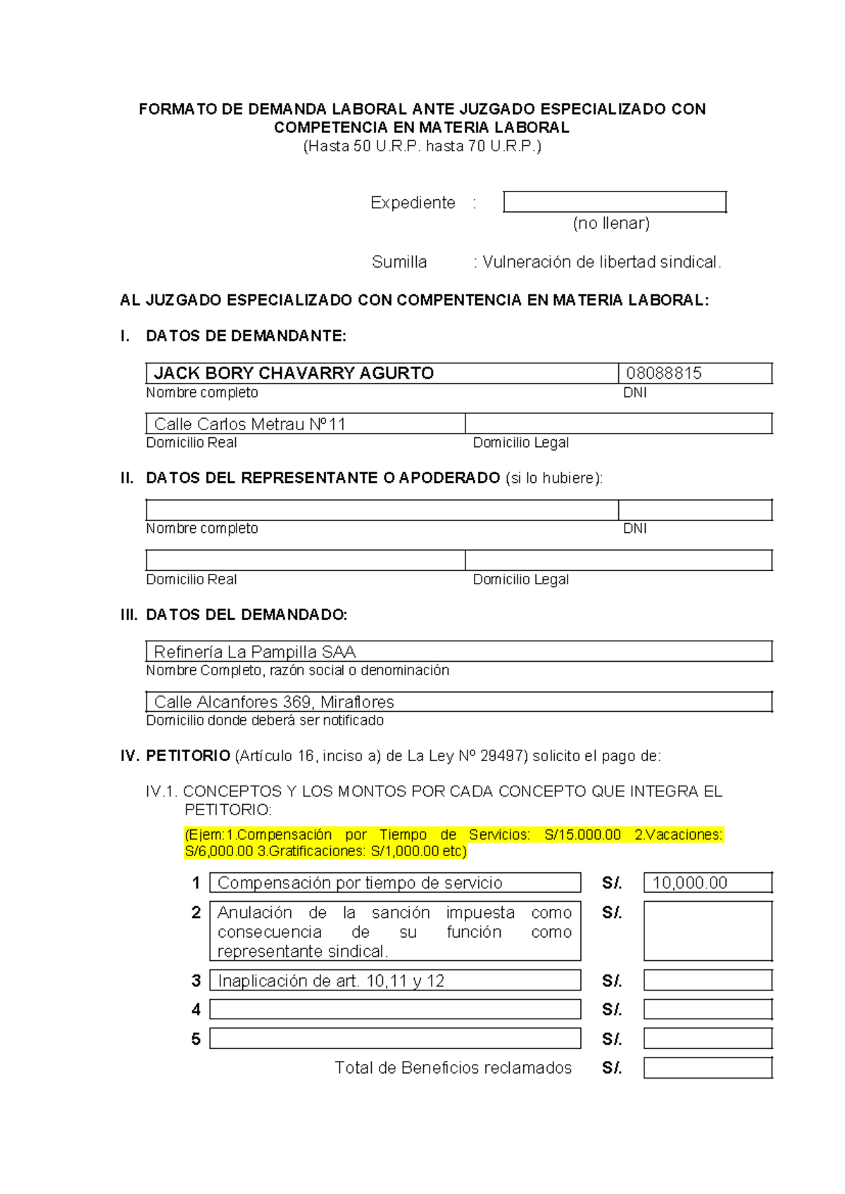 Formato DE Demanda Laboral - FORMATO DE DEMANDA LABORAL ANTE JUZGADO ...