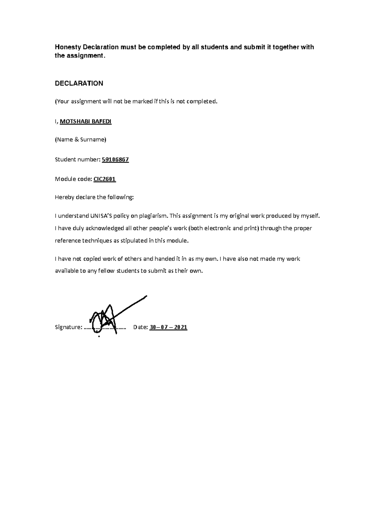 Assignment 2 CIC2601 - Honesty Declaration must be completed by all ...