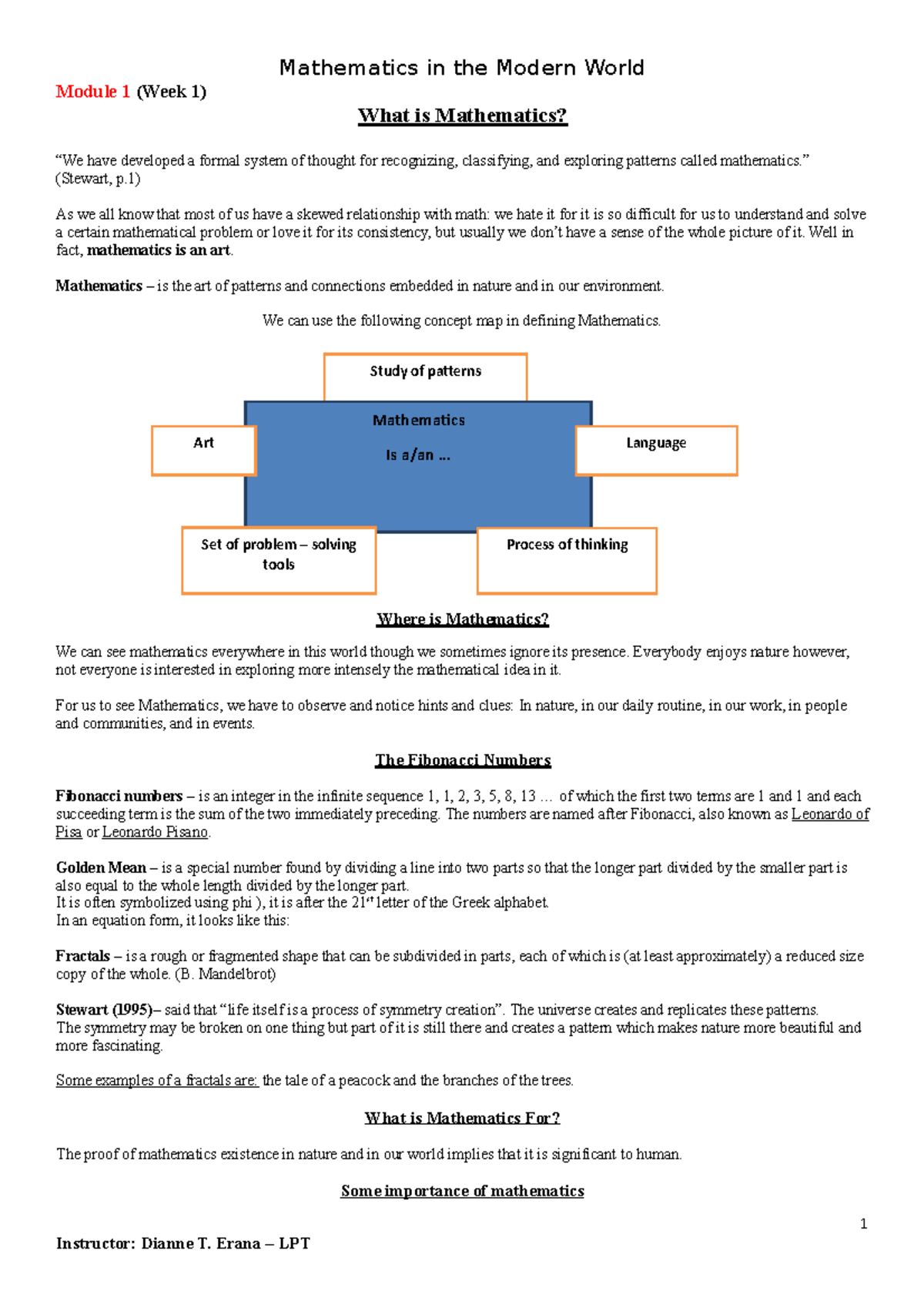 MMW 1-4 - lecture notes - Module 1 (Week 1) What is Mathematics? “We ...