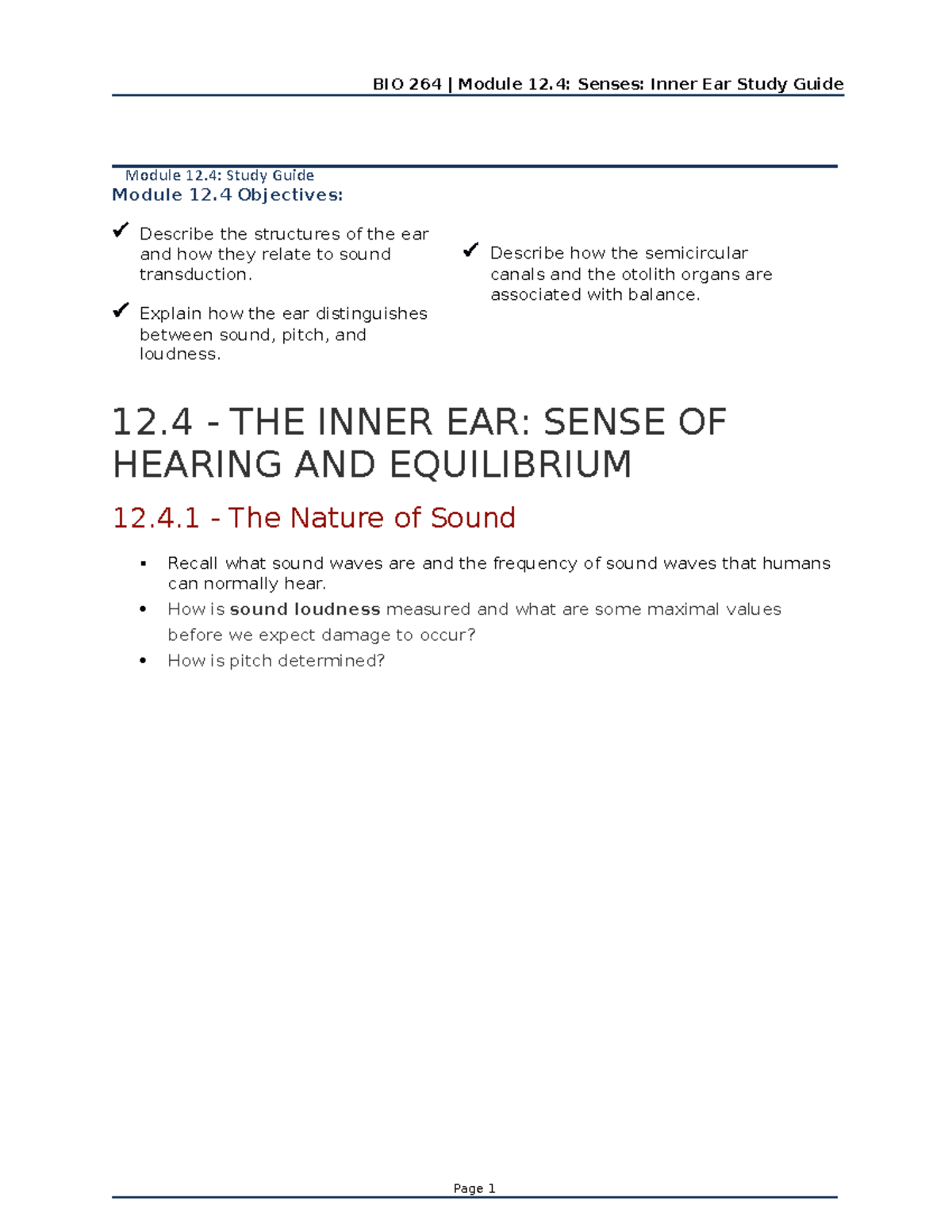 12.4 study guide - BIO 264 | Module 12: Senses: Inner Ear Study Guide ...